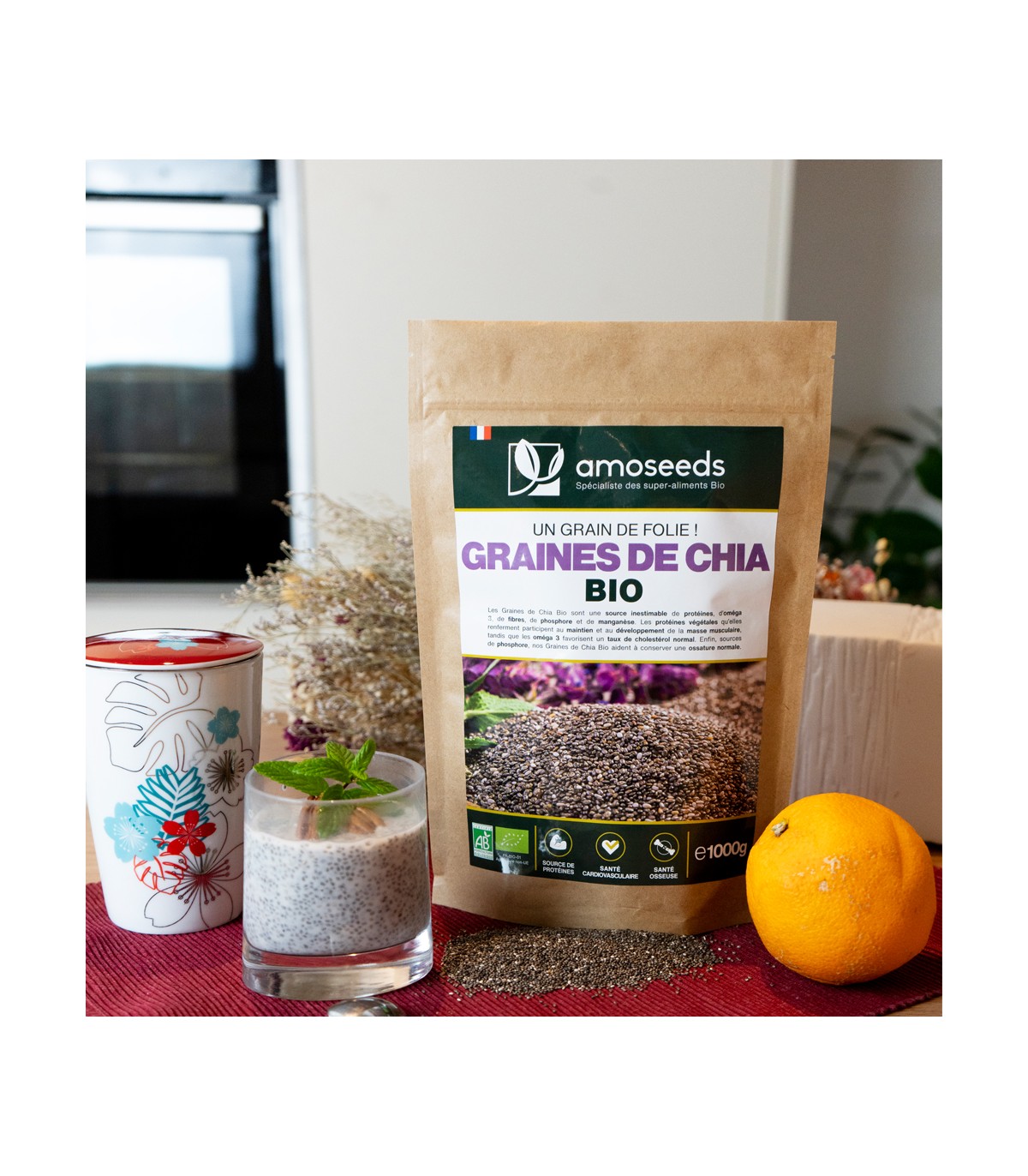 Graines de Chia Bio 1Kg Qualité Supérieure, riche en Omega 3 🍏