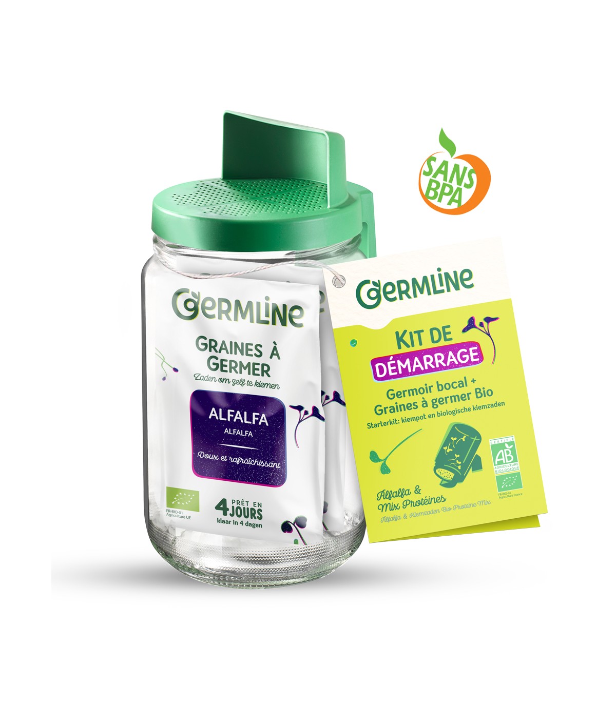 Germoir bocal en verre Germline, kit de démarrage germination sans BPA. 🍏